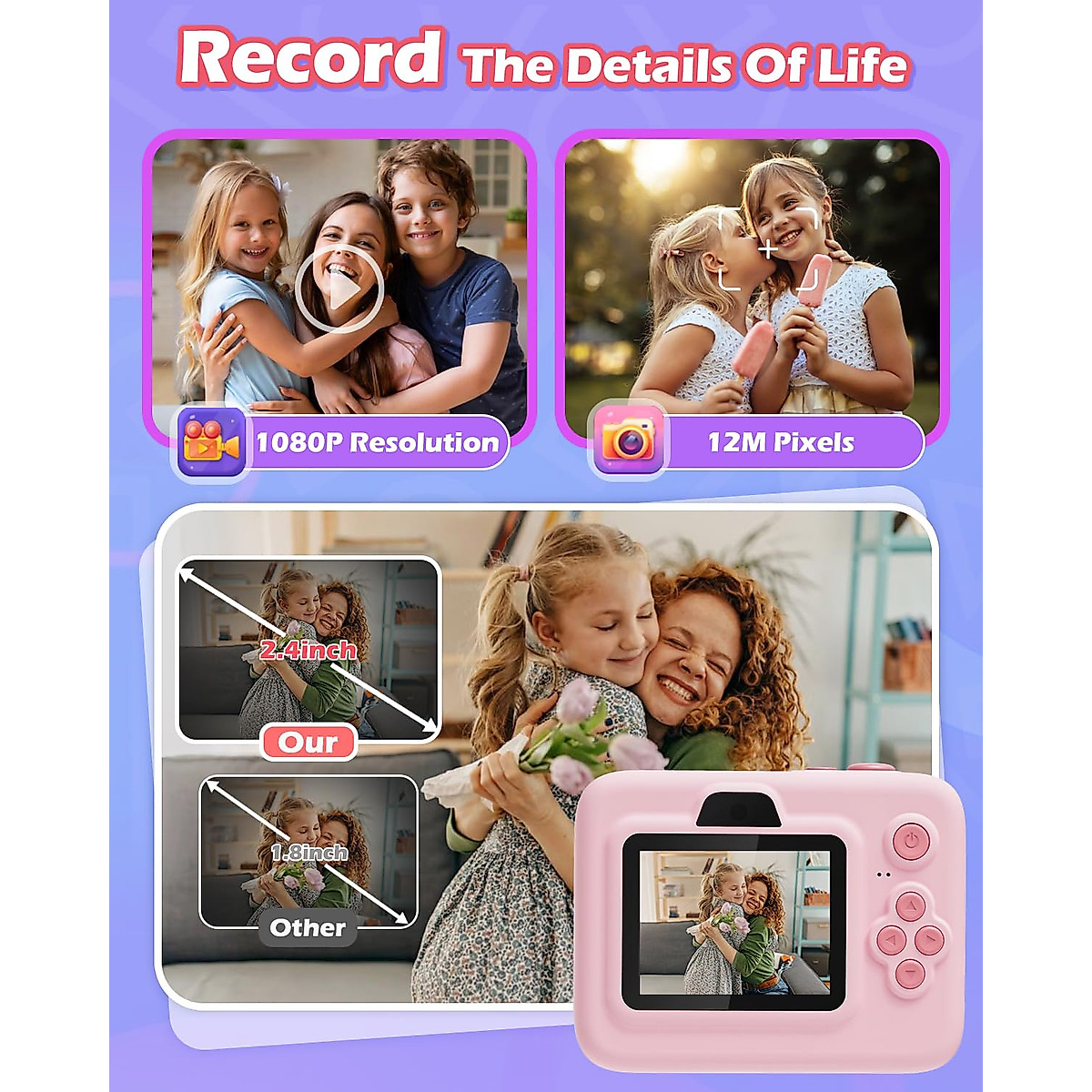 Anchioo Instant Print Camera for Kids, 2.4 Inch Screen Camera with 3 Print Paper, Birthday Gift for Girls Boys Age 3-12, 1080P Instant Camera Toys for 3 4 5 6 7 8 Year Old - Pink