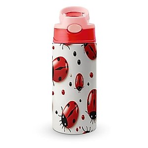 Stainless Steel Water Bottles Red Ladybug Travel Water Cups with Handle And Silicone Straw Drinking Cup with Leak Proof Lid Thermo Travel Mug for Women Men