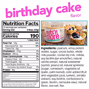 Nuts ‘N More Birthday Cake Peanut Butter Spread, Added Protein All Natural Snack, Low Carb, Low Sugar, Gluten Free, Non-GMO, High Protein Flavored Nut Butter (15 oz Jar)