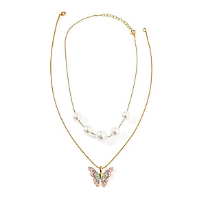 Pearl Butterfly Necklaces for Women - Dainty Enamel Fairy Butterfly Pendant Faux Pearl Collar Choker Necklace Set (Gold Plated Color)
