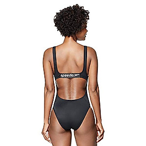 Speedo Women's Standard Swimsuit One Piece Logo Back Strap Contemporary Cut, Rib Black, 12