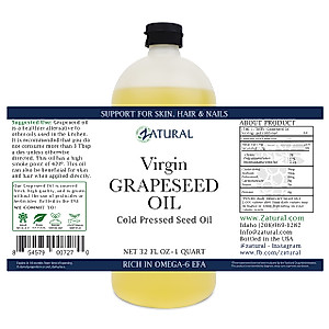 Zatural Grapeseed Oil Organically Grown 100% Pure Cold Pressed Virgin High Tempurature Cooking Oil (32oz)