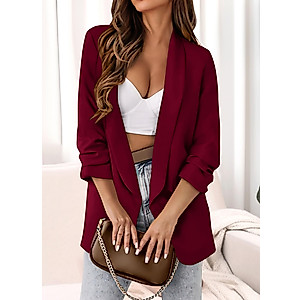 PRETTYGARDEN Womens Casual Blazers 2024 Fall Open Front Long Sleeve Work Office Jackets Blazer (Wine Red,Large)
