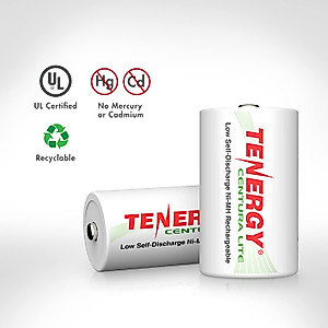 Tenergy Centura Lite 1.2V NiMH Rechargeable D Battery, 3000mAh Low Self Discharge D Cell Batteries, Pre-Charged D Size Battery, UL Certified, 4 Pack