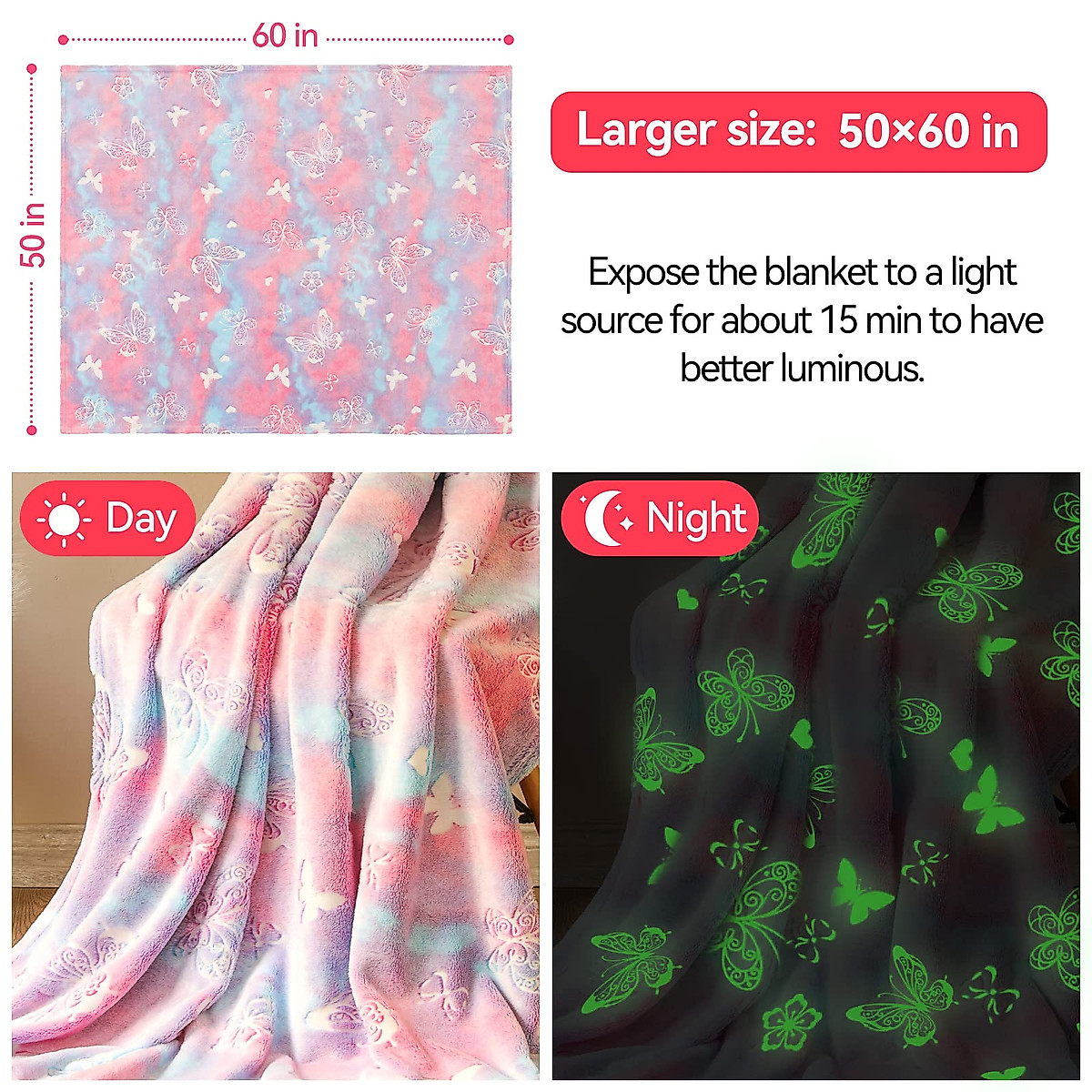 Anowpo Glow in The Dark Blanket Butterfly Gifts for Girls,Soft Blanket 3 4 5 6 7 8 9 10 Year Old Girl Gifts, Toddler Girls Toys Age 6-8,Mothers Day Birthday Gifts Christmas, 50"x60"
