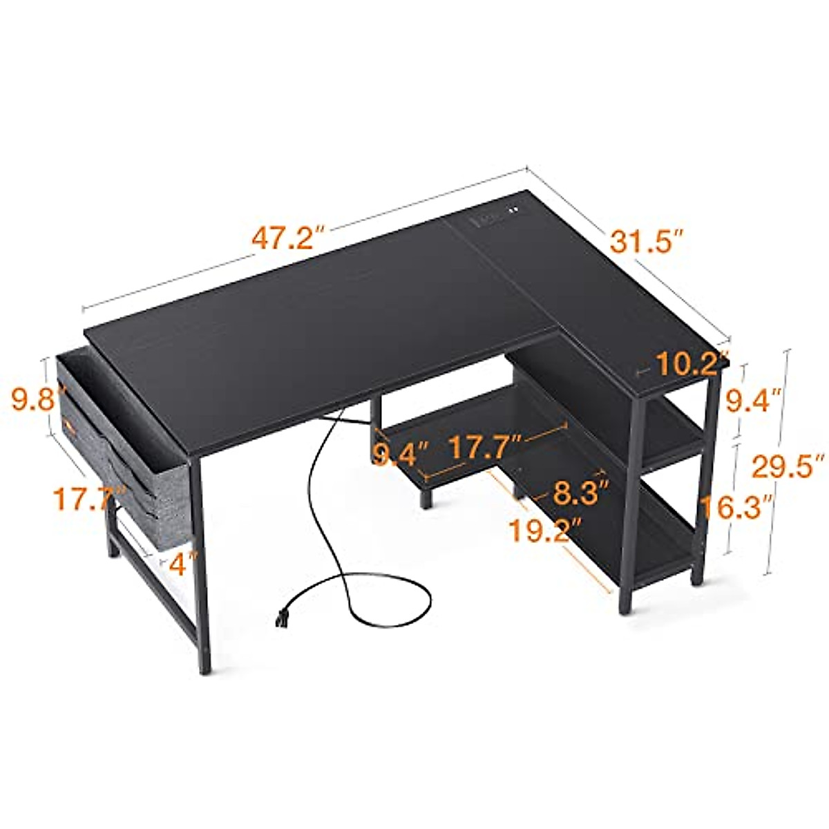 ODK 48 Inch Small L Shaped Gaming Computer Desk with Power Outlets, Reversible Storage Shelves & PC Stand for Home Office, Simple Writing Study Table with Storage Bag for Small Space, Black