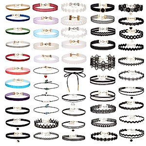 K&Q 52 PCS Choker Necklace, Classic Muti-Color Gothic Collar Choker Necklace Black White Cute Lace Velvet Choker Necklace Set for Girls and Women