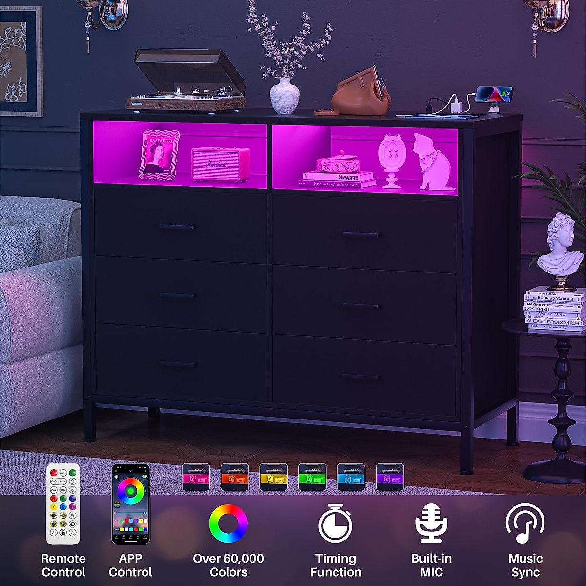 Hyomdeck Black Dresser for Bedroom, 6 Drawer Dresser with LED Lights and Power Outlet, Wood Dresser, Tall Chest of Drawer Storage Organizer, Dresser TV Stand for Living Room, Hallway, Entryway