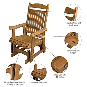 Poly Lumber Patio Glider for One Person, Ergonomic Deep Seat and High Backrest, with Removable Cup Holders, Wood-Like Pattern, Heavy Duty 700 LBS, for Outdoor Patio Garden Yard (Brown)