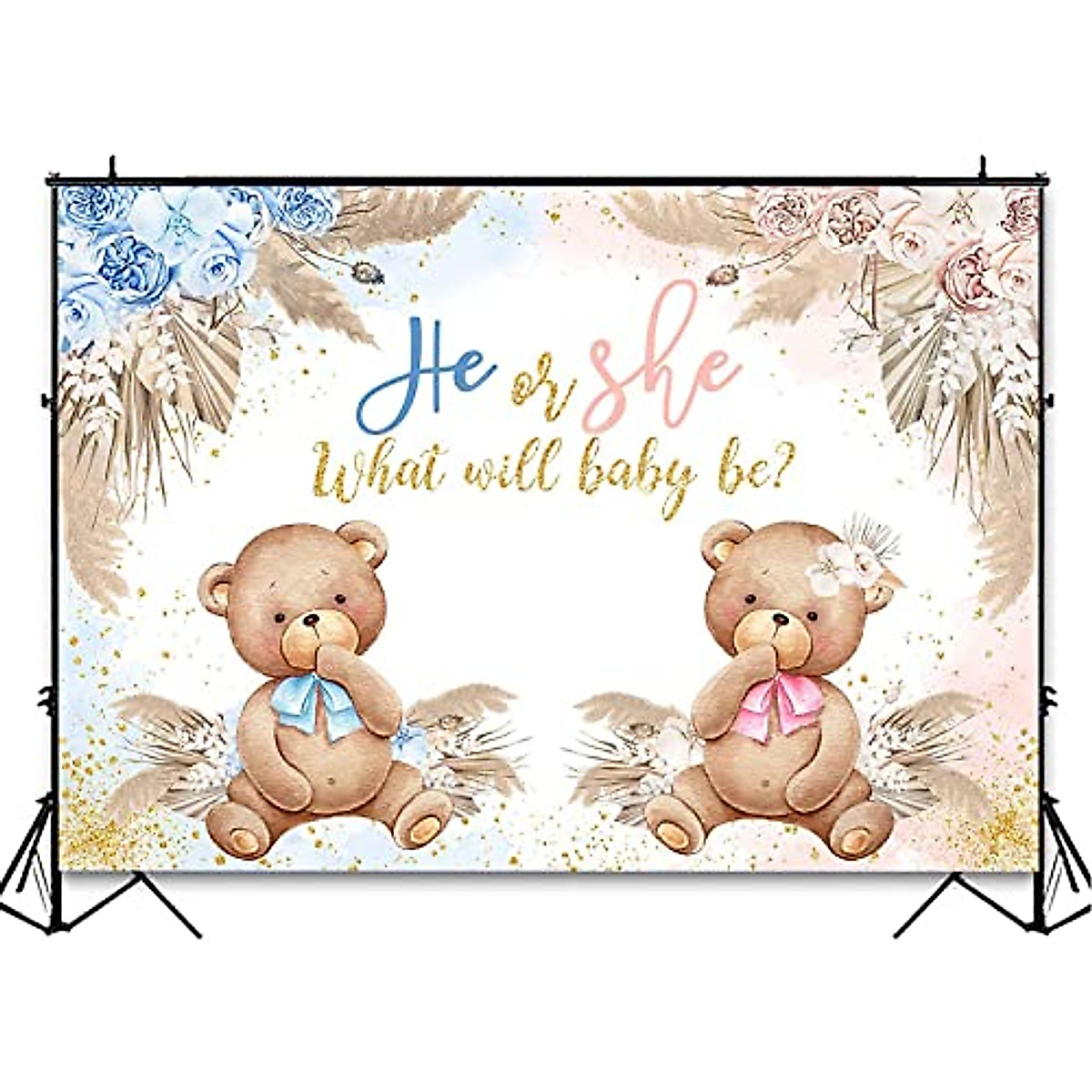 Avezano Boho Bear Gender Reveal Backdrop He or She Party Decorations Pink or Blue Pampas Grass Gender Reveal Party Photography Background Bohemian Bear Gender Reveal Decorations Photoshoot (7x5ft)