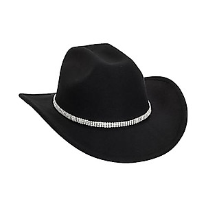 Women-Rhinestone-Western-Cowboy-Hats - Vintage-Wide-Brim-Cowgirls-Hat Bling-Diamond-Hat for Disco Music Party M/L Black