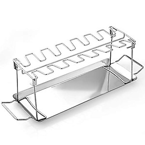 Chicken Leg Rack for Grill with Dip Tray and Large Rib Rack for Smoking Bundle - High Grade Stainless Steel - Easy to Use and Clean