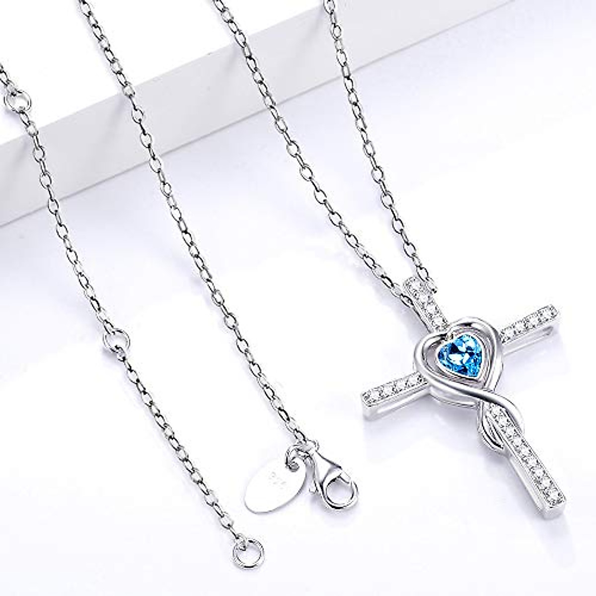 Blue Aquamarine Necklace for Mom Wife Birthday Gifts Sterling Silver Love Heart Infinity Pendant Necklace for Her
