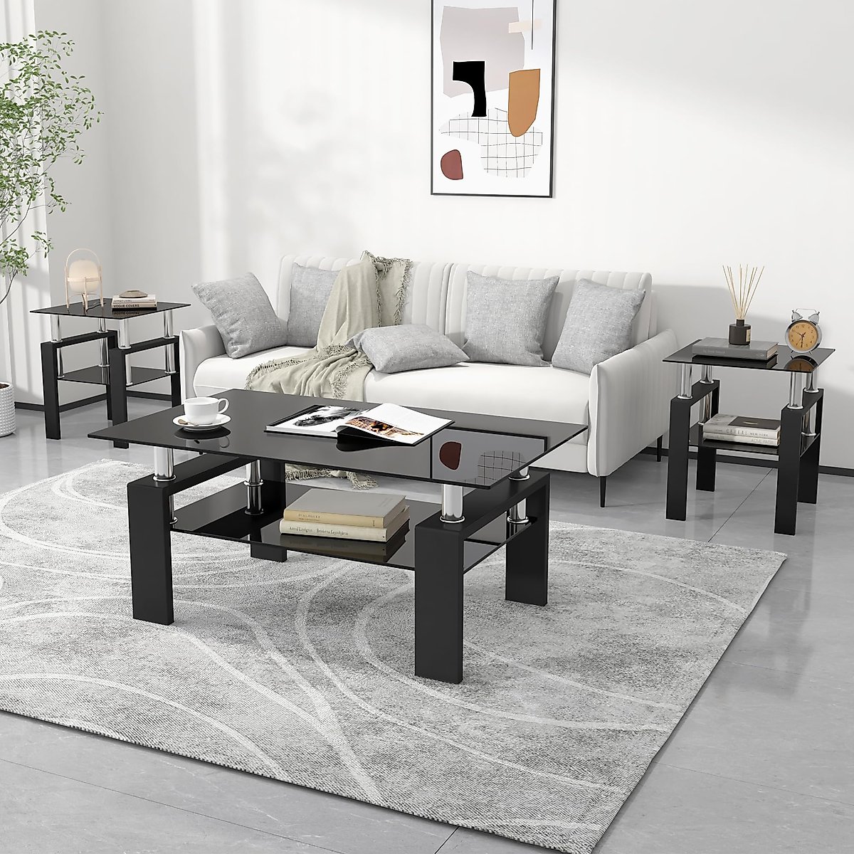 Coffee Table Set, Glass Coffee Table and 2 End Tables, Modern Table Set for Living Room, (Black, coffee table + 2 end tables)
