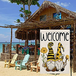 CROWNED BEAUTY Summer Gnomes Garden Flag Welcome Sunflower Bee Honey Yard 12x18 Inch Small Double Sided Outside Decoration Party Farmhouse Décor