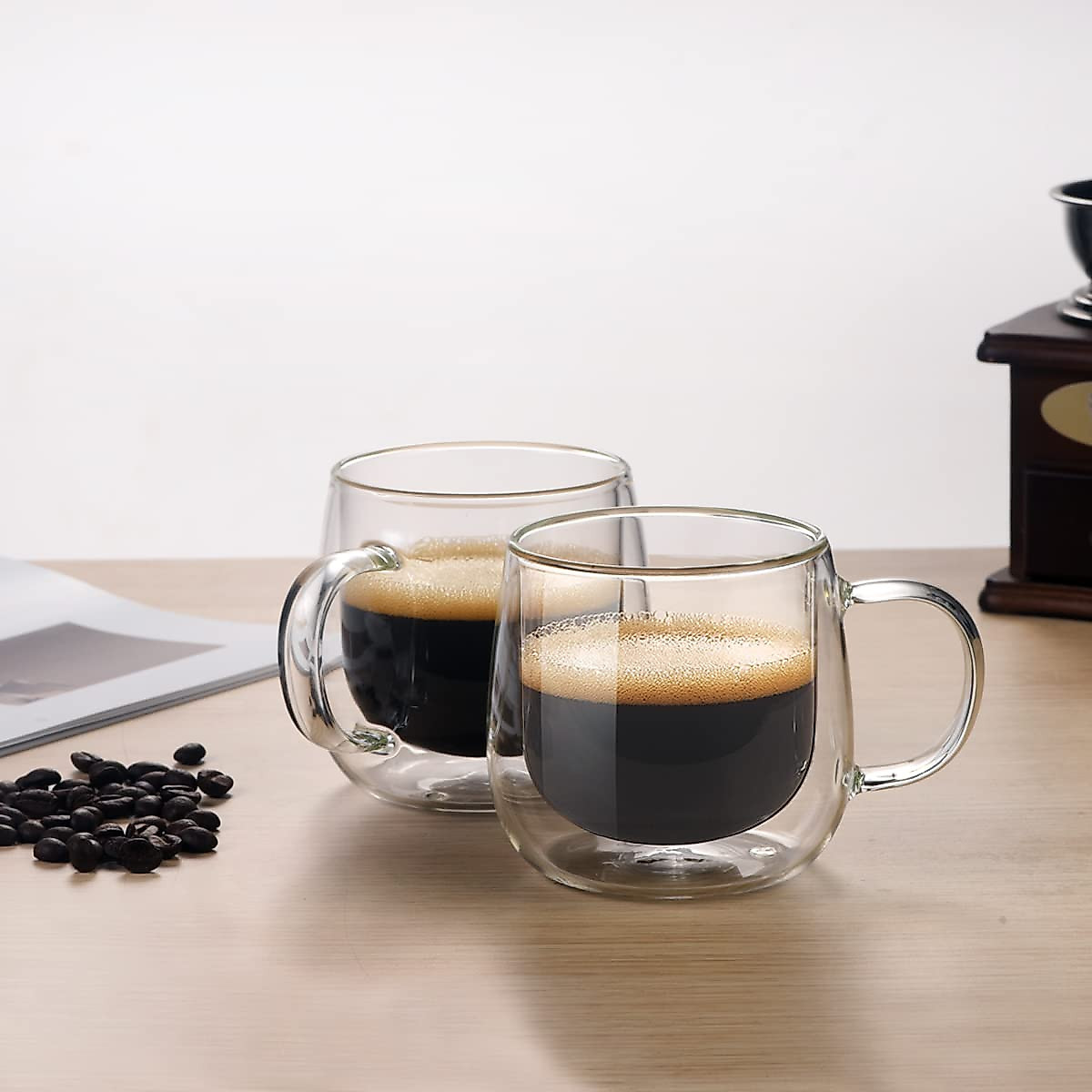 BNUNWISH Double Wall Glass Coffee Mugs 16oz Set of 2 Insulated Clear Tea Cups with Handle, Perfect for Espresso, Latte and Cappuccinos