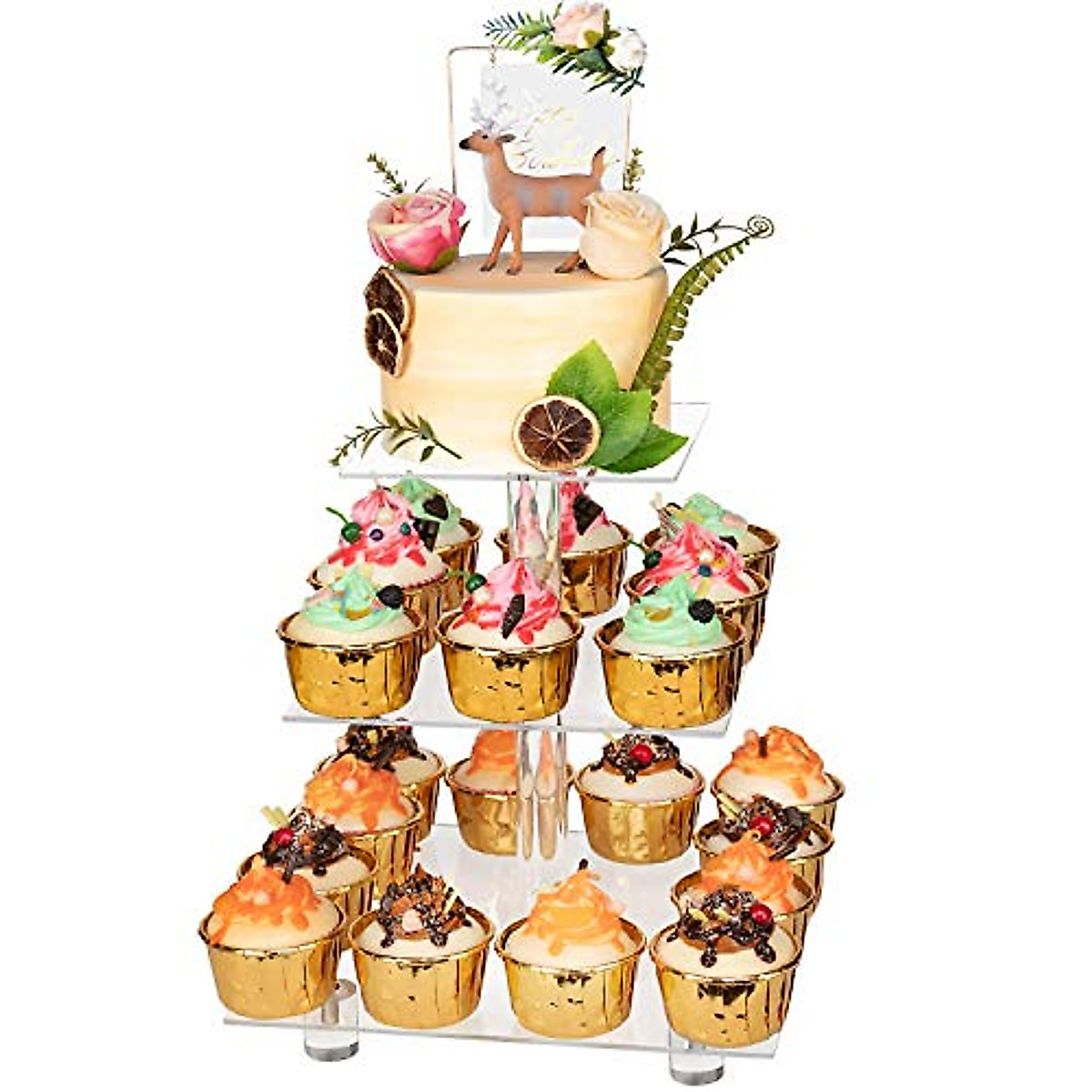 YestBuy 3 Tier Cupcake Stand with Base, Cake Stand, Acrylic Cupcake Tower Stand, Premium Cupcake Holder for 28 Cupcakes, Display for Pastry Wedding Birthday Party (4" Between 2 Layers)