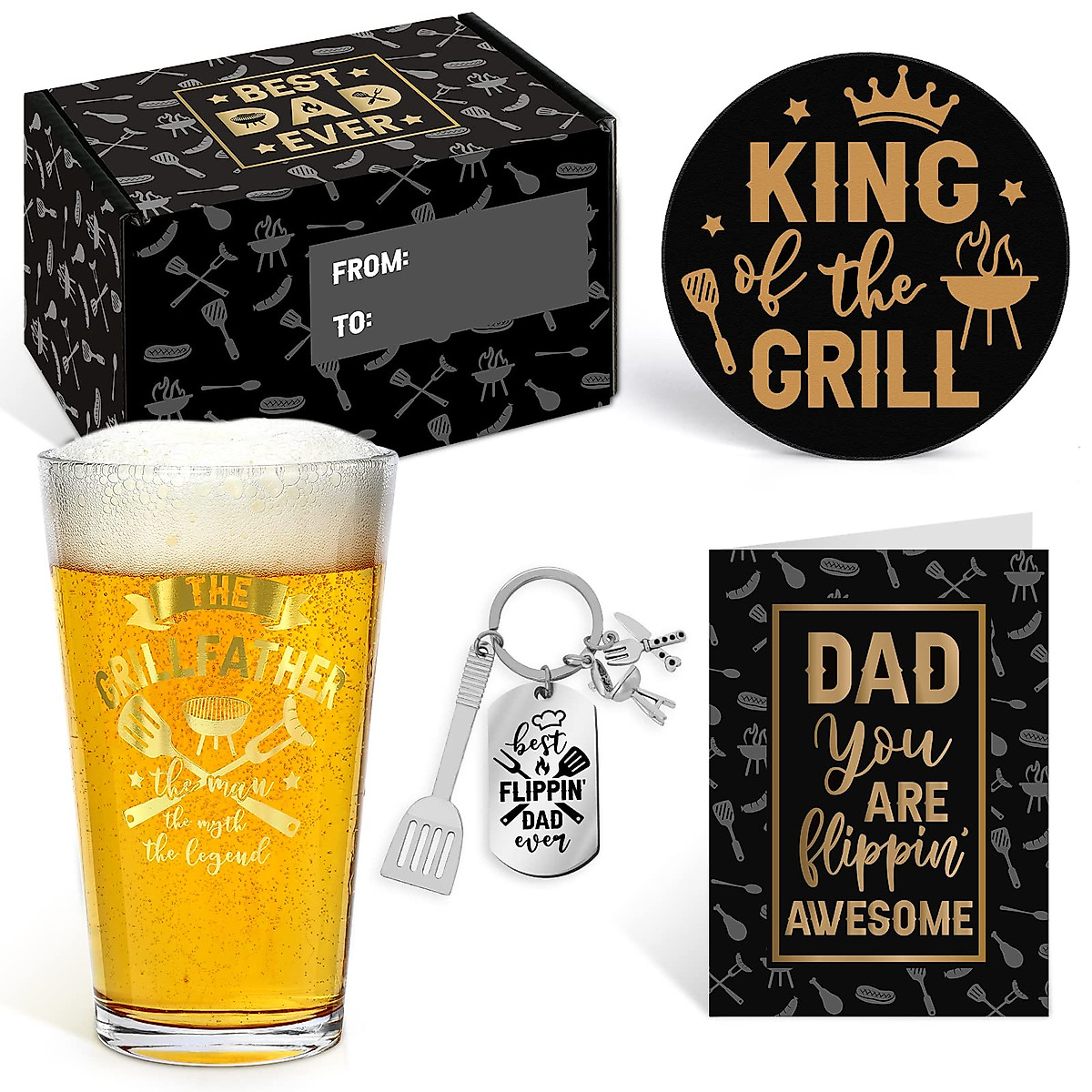 Grill Father Gift Set Funny 16oz Whiskey Beer Glass BBQ Grilling Best Dad Ever Keychain King of the Grill Coaster Gift Blanck Gold Thank You Card for Dad Husband Fathers Day Christmas Gift for Men