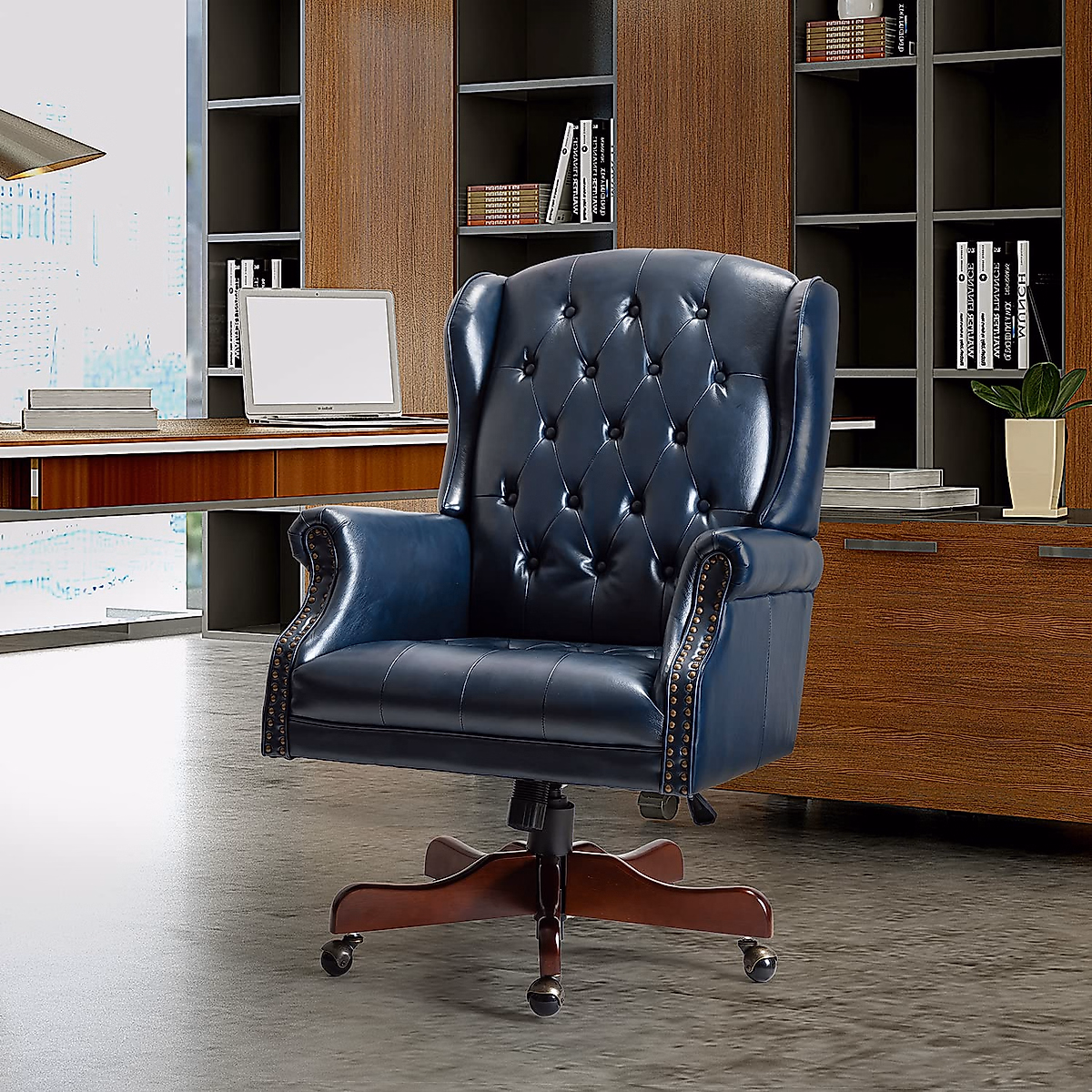 HULALA HOME Managerial Executive Swivel Office Chair with Height-Adjustable, Tufted Back & Nailhead Trim, High-Back Desk Chair for Home & Office, Faux Leather (Blue)