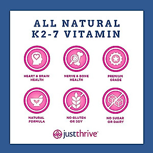 Just Thrive: Vitamin K2-7 - Bone and Heart Health Supplement with Magnesium, Zinc and Menaquinone-7-30-Day Supply - 320 mcg with Ultra Absorption - Support Teeth, Circulation, Brain and Nerve Health
