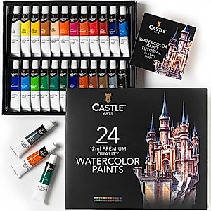 Castle Art Supplies 24 x 12ml Watercolor Paint Tube Set | Value for Adult Artists | Quality, Intense Colors | Just Squeeze the Tube, Mix with Water and Get Creative | In Delightful Presentation Box