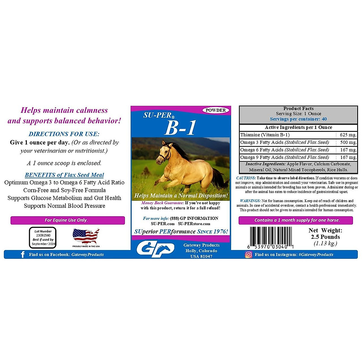SU-PER B-1 Horse Calming Supplement - Equine Vitamin B-1 Support Horse Calmer Powder - Appetite Booster Supplement for Horses - 2.5 Pounds, (2 Pack)