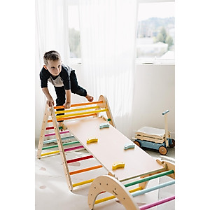 Beright 4 in 1 Pikler Triangle Gym, Montessori Foldable Climber with Ramp, Indoor Climbing Toys for Kids, Climbing Triangle for Toddlers Arch Climber, Rocker, Learning Waldorf Children Toy, Rainbow