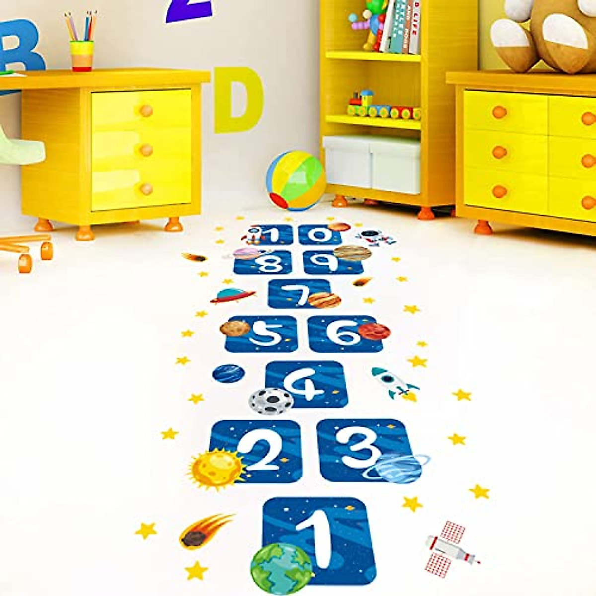IARTTOP Funny Astronaut Number Hopscotch Decals,Outer Space Floor Stickers,Cartoon Starry DIY Digital Planet Rocket Game Decal for Nursery Kid Room Decor,Children's Floor Tile Sticker