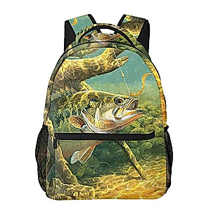 Aao-S745 Bass Fish Fishing Backpacks For School Laptop Bookbag Student College Casual Travel Hiking Daypack Girls Kids Schoolbag Black One Size