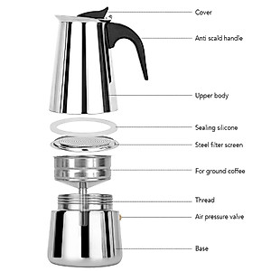 BuyWeek Mocha Coffee Maker, Stovetop Espresso Maker 2 Cup 100ml Stainless Steel Classic Espresso Moka Pot with Induction Stove