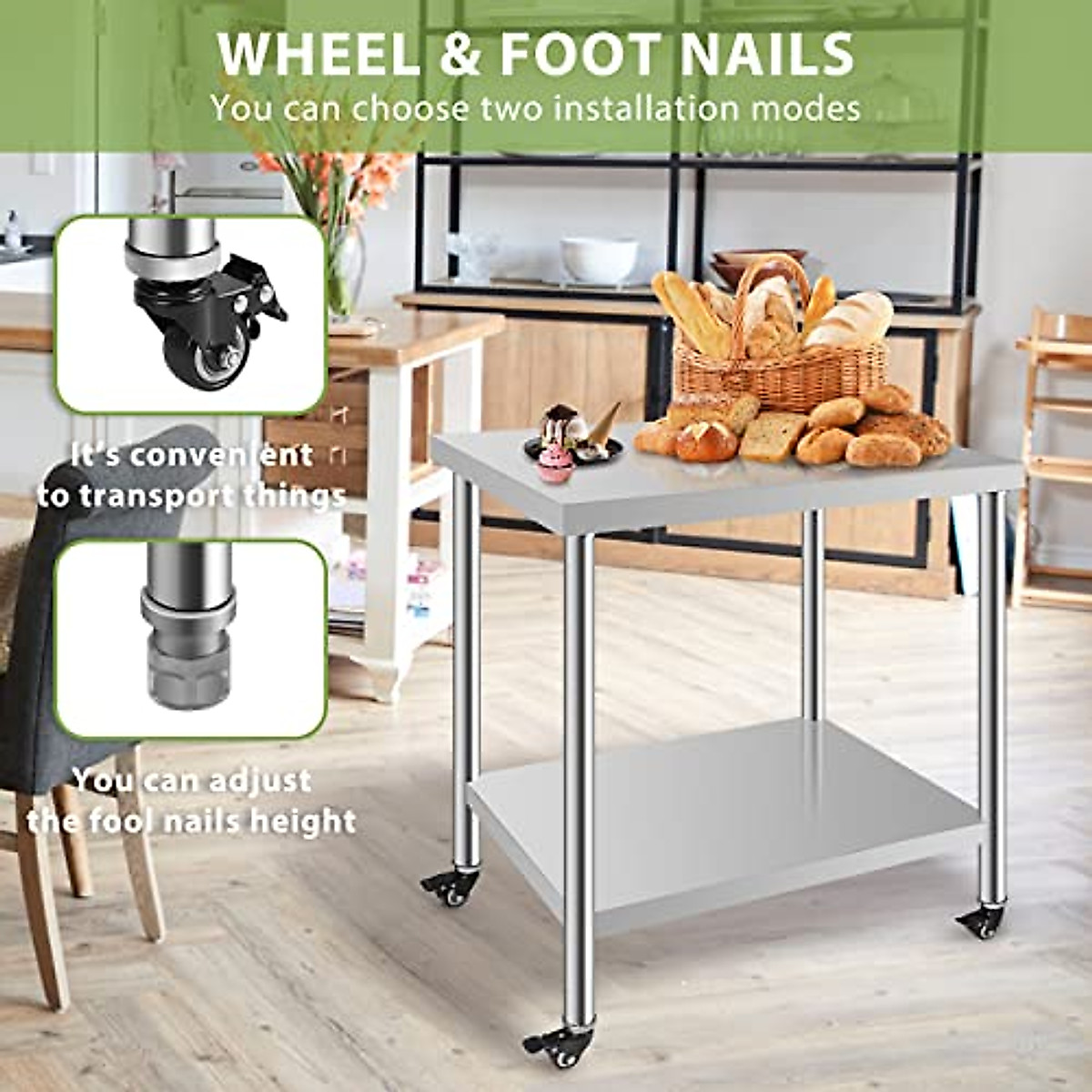 HXCFYP Stainless Steel Table for Prep & Work with Caster 24x24 Inches, NSF Metal Commercial Kitchen Table with Under Shelf and AdjustableTable Foot for Restaurant, Home and Hotel