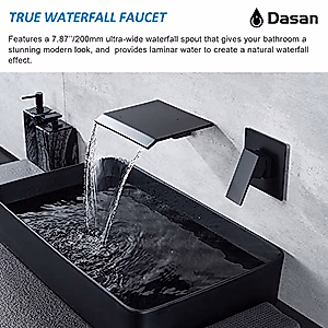 DASAN Wall Mount Waterfall Bathroom Faucet Matte Black in Wall Sink Faucet, Single Handle Wall Mounted Modern Faucet for Bathroom with Upgraded Rough in Valve