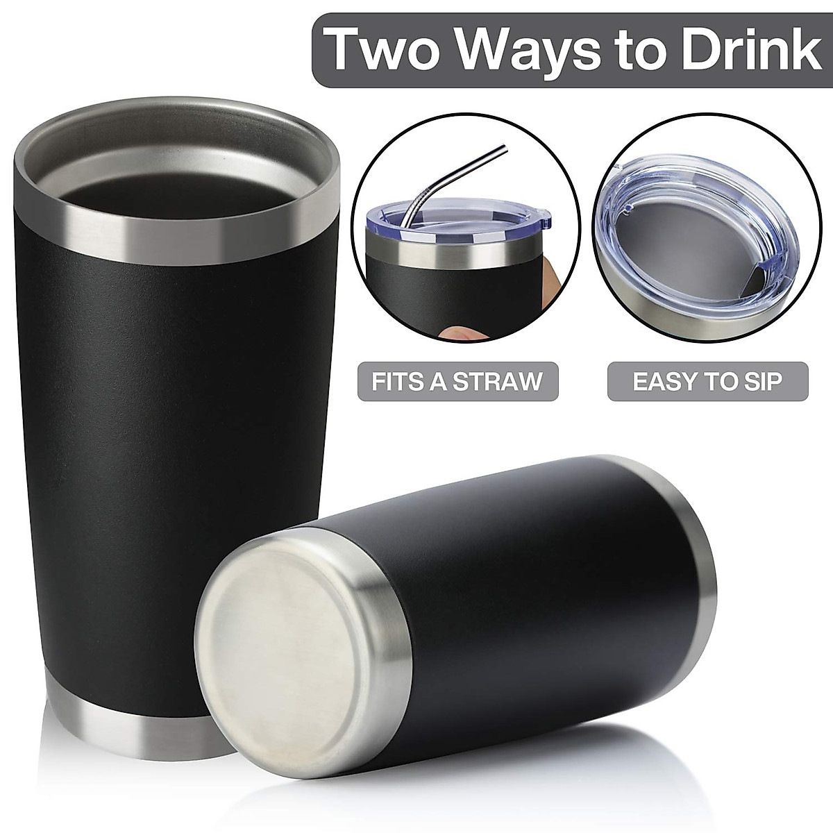 MEWAY 20oz Tumbler Cup Double Wall Vacuum Insulated Travel Mug Bulk, Stainless Steel Tumblers with Lid and Straw, Durable Powder Coated Coffee Cups for Cold & Hot Drinks (Black, 1)