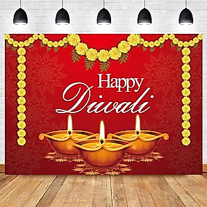 DOTOOMA 7X5FT Happy Diwali Photography Backdrops Red Background Yellow Marigold India Oil Lamp Candle Burning Lights Party Decor Props Supplies Polyester