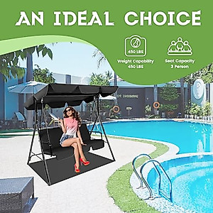 HECASA 3-Person Outdoor Swing Chair, Steel Porch Swing with Convertible Canopy & Removable Cushion for Patio, Garden, Poolside, Balcony and Backyard - Black