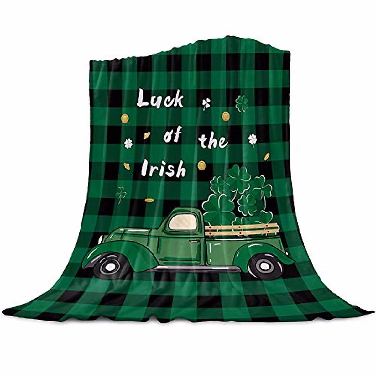 St. Patrick's Day Blankets Truck with Green Shamrock Throw Blankets Soft Lightweight Flannel Blanket Cozy Gold Coin Green Buffalo Check Plaid Blanket for Home Spring Holiday Decoration 40x50inch