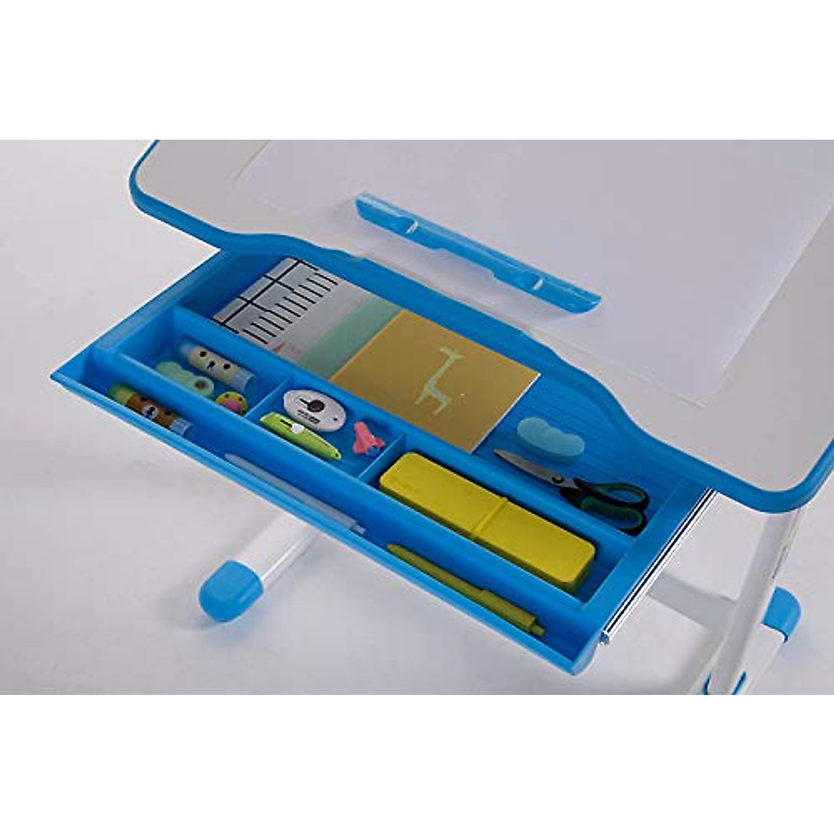 Kids Desk and Chair Set, Functional Children Desk Study Table, Tilted Table Height-Adjustable Desk and Chair Combination with LED Light, Storage Drawers for Boys and Girls, Blue