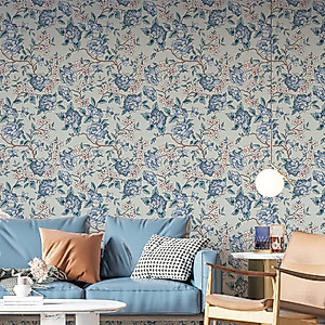 KAMTAIVOY Peel and Stick Wallpaper Blue Floral Contact Paper Removable Self-Adhesive Waterproof Flower Wallpaper Wall Mural Decoration 15.71inch x 118.1inch for livingroom Bedroom Wallpaper
