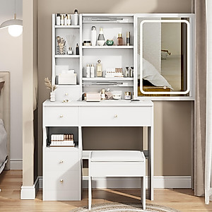Elevon Small Makeup Vanity Desk with Sliding Mirror LED 3 Lighting Adjustable, Vanity Table Set with 5 Storage Drawer & Chair & Shelves Bedroom Furniture, White