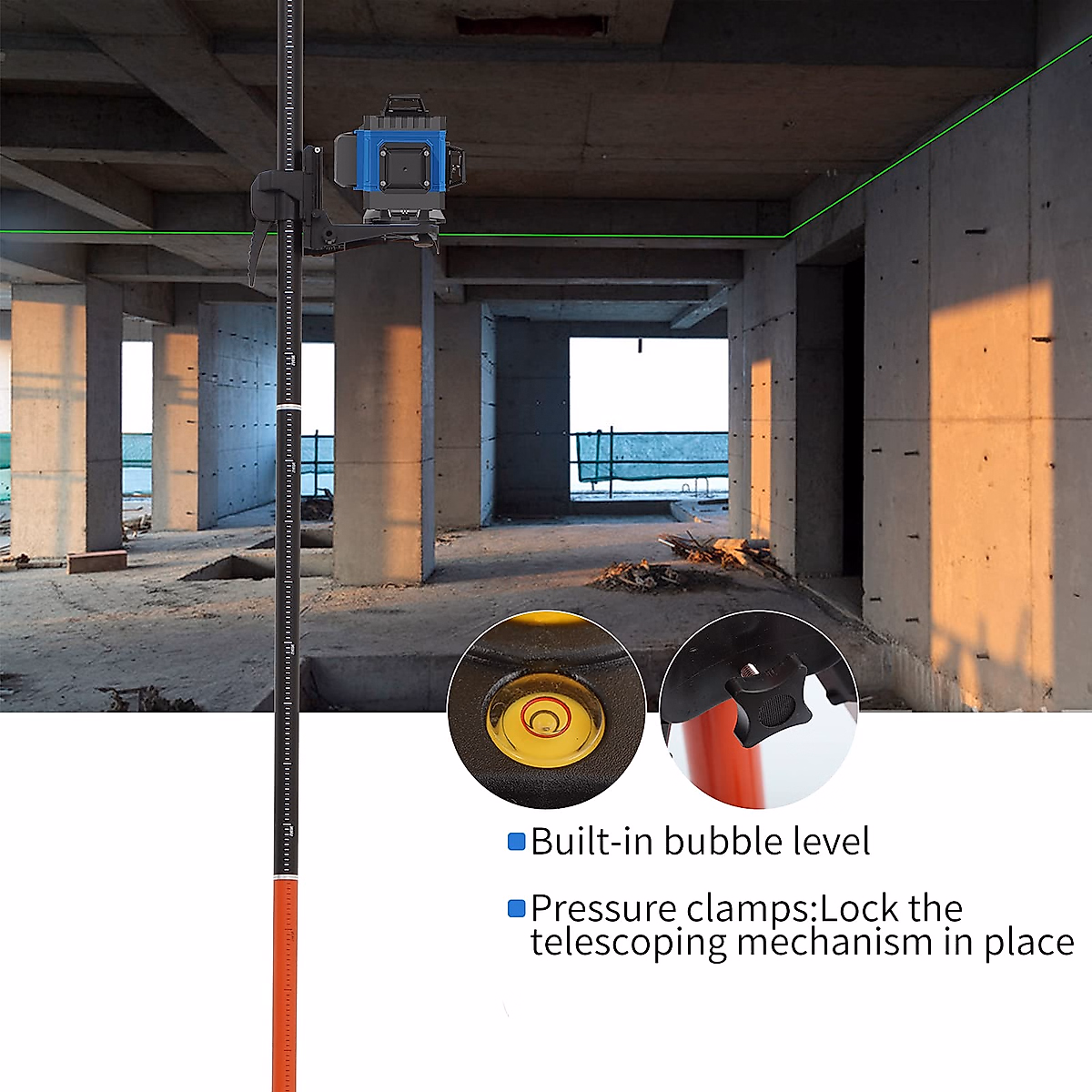 Laser Level Pole， Telescoping Tripod Pole 12FT/3.7M with Tripod Adjustable Mount 5/8''&1/4'' Thread for Bosch Dewalt Rotary and Line Rotary Lasers (MP2 Pole with Tripod)