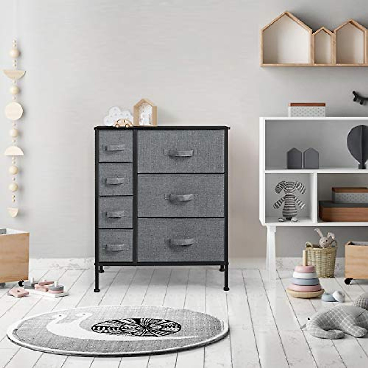 Yaheetech 7 Drawers Tower, Storage Organizer, Fabric Tower Unit for Living Room, Hallway, Entryway, Sturdy Metal Frame Easy Pull Fabric Bins, Dark Gray