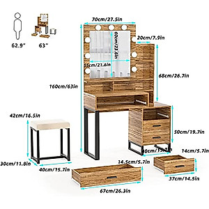 PakaLife Makeup Vanity Desk with Mirror and 3-Color Lights, 39.4" Makeup Vanity Set with Drawers, Storage Shelves and Stool, 3 Lighting Modes Adjustable, White Vanity (Brown)