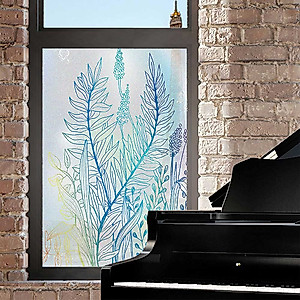 Floral Frosted Window Film Privacy Film, Valentine Window Decal for Bathroom Office Living Room,Blue Yellow Purple Green 24 x 36 inch, Yellow,Blue,Green,Purple