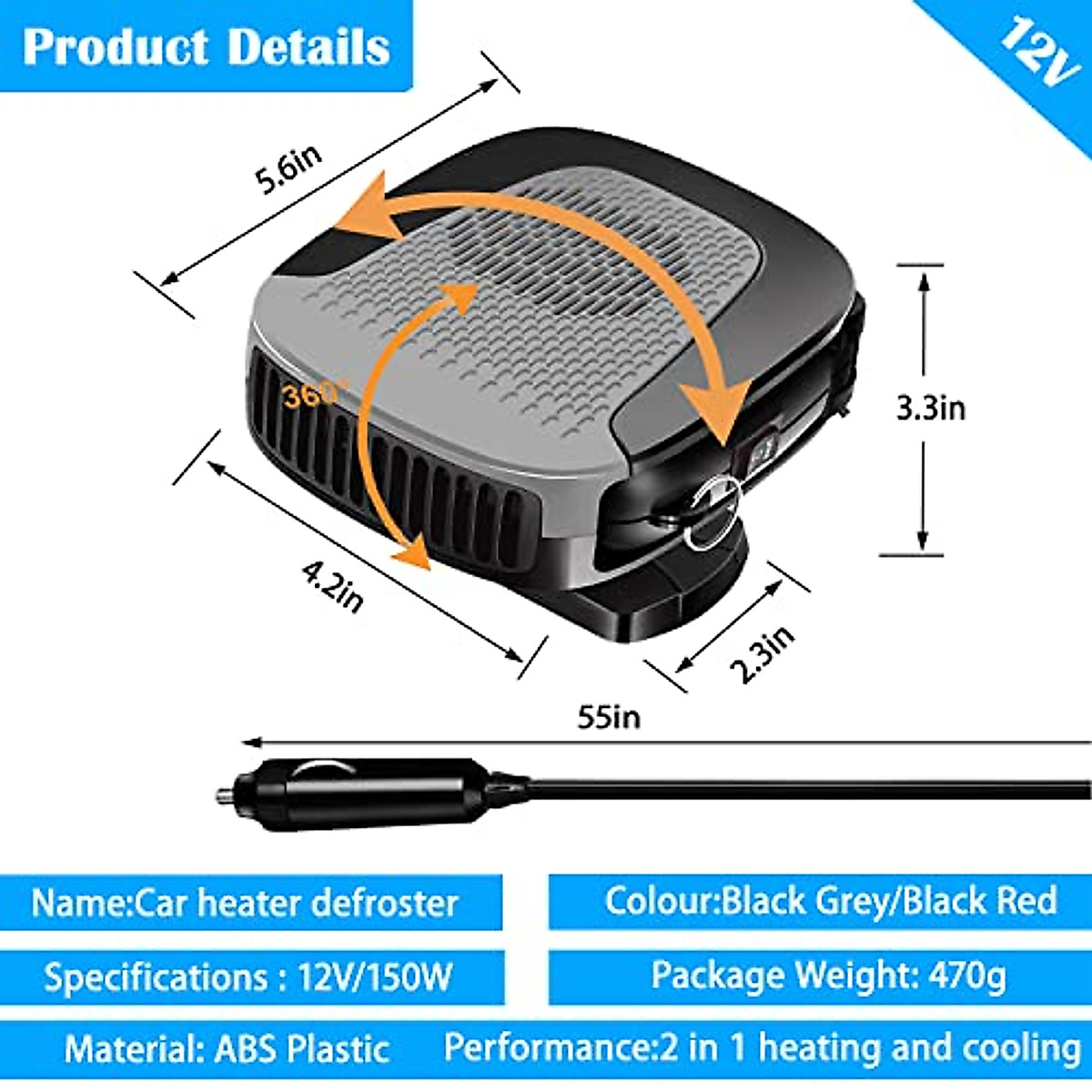 Car Heater, Portable Car Heater 12V 150W Car Windshield Defogger Fast Heating & Cooling Fan 2 in 1 Modes Fast Demisting Defroster for Cars SUV Truck and Trailer (Red1)