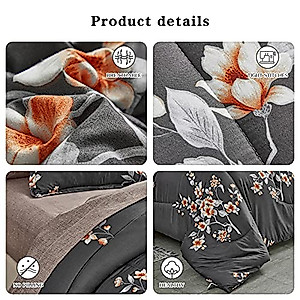 7 Pieces Bed in a Bag King Comforter Set with Sheets, Dark Grey Floral Design Soft Microfiber Bedding Sets for All Season (1 Comforter, 2 Pillow Shams, 1 Flat Sheet, 1 Fitted Sheet, 2 Pillowcases)
