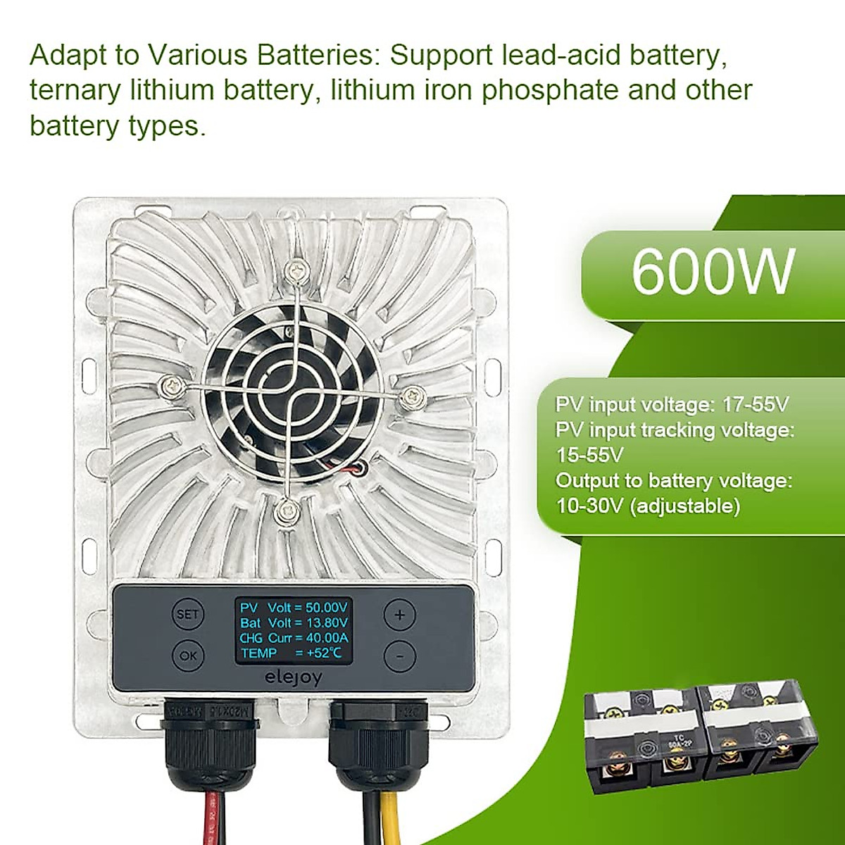 dsfen 600W Solar 10-30V Voltage Adjustable with LCD Display Maximum Power Point Tracking Photovoltaic Step-down Adapt to Various Batteries