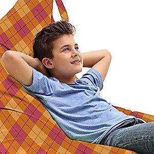 Lunarable Plaid Lounger Chair Bag, Diagonal Checkered Pattern with Rhombus-Like Shapes Vintage Design, High Capacity Storage with Handle Container, Lounger Size, Pale Orange Orange