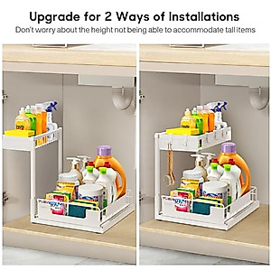 Large Under the Sink Organizer Bathroom, 2-Tier Kitchen Under the Sink Organizers and Storage with 4 Hooks, Cabinet Storage Shelves No Drilling Rustproof Stainless Steel Pull Out Shelf, White