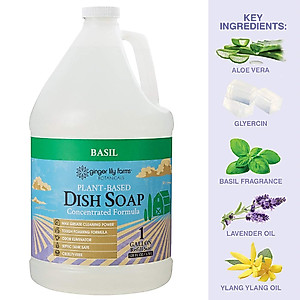 Ginger Lily Farms Botanicals Plant-Based Liquid Dish Soap, Concentrated Formula with Max Grease Cleaning Power, Cruelty-Free, Basil Scent, 1 Gallon Refill (128 Fl. Oz.)