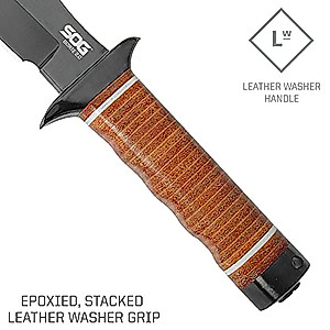 SOG Bowie 2.0 Fixed Blade Knife-Tactical Knife with 6.4 Inch Blade, Hunting Knife with Hard Case TiNi Coating and AUS-8 Steel, Leather Knife Sheath (S1T-L),Brown